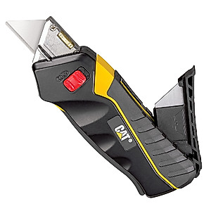 Cat Safety Utility Knife Box Cutter Self-Retracting Blade, Squeeze Handle to Extend Blade, Release to Retract, Lock Blade Open w/Switch, Ergo Handle w/ 3 Safety-Tip Blades That Store Inside - 240071