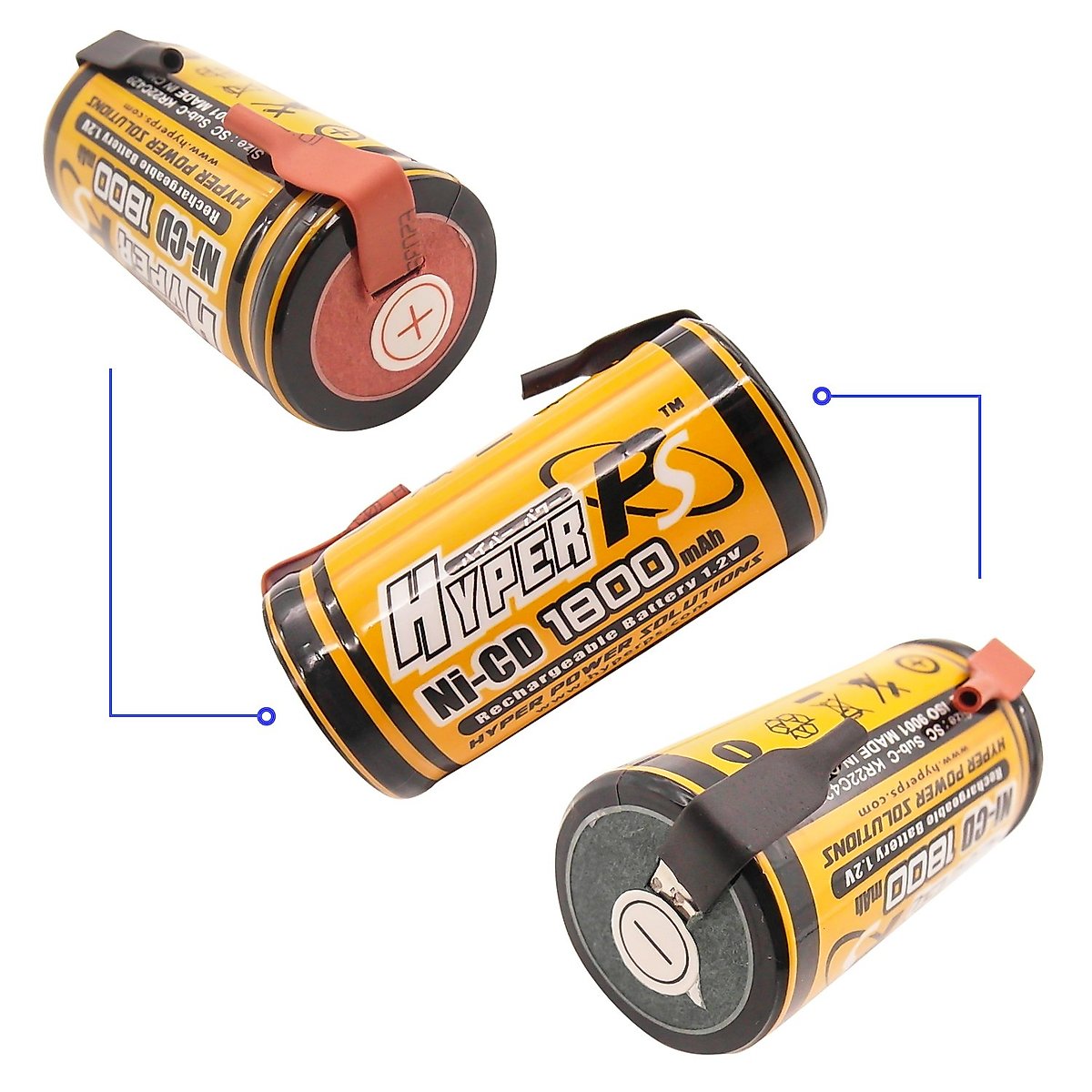 HyperPS 2 Pack 1.2V Sub C SubC 1800mAh NiCd Ni-Cd Rechargeable Battery for Power Tools Battery Pack (w/Tabs)
