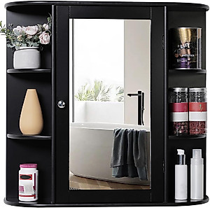 Iwell Bathroom Medicine Cabinet with Mirror, Bathroom Wall Cabinet with 2 Adjustable Shelves & 6 Open Shelves, Bathroom Cabinet Wall Mounted, Over The Toilet Space Saver Storage Cabinet, Black