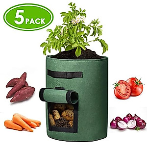 Delxo 5 Pack 7 Gallon Potato Growing Bags, Planter Garden Grow Bags with Flap, Double Layer Breathable Nonwoven Cloth for Planting/Vegetable/Tomato/Aeration Fabric Pots with Handles Green