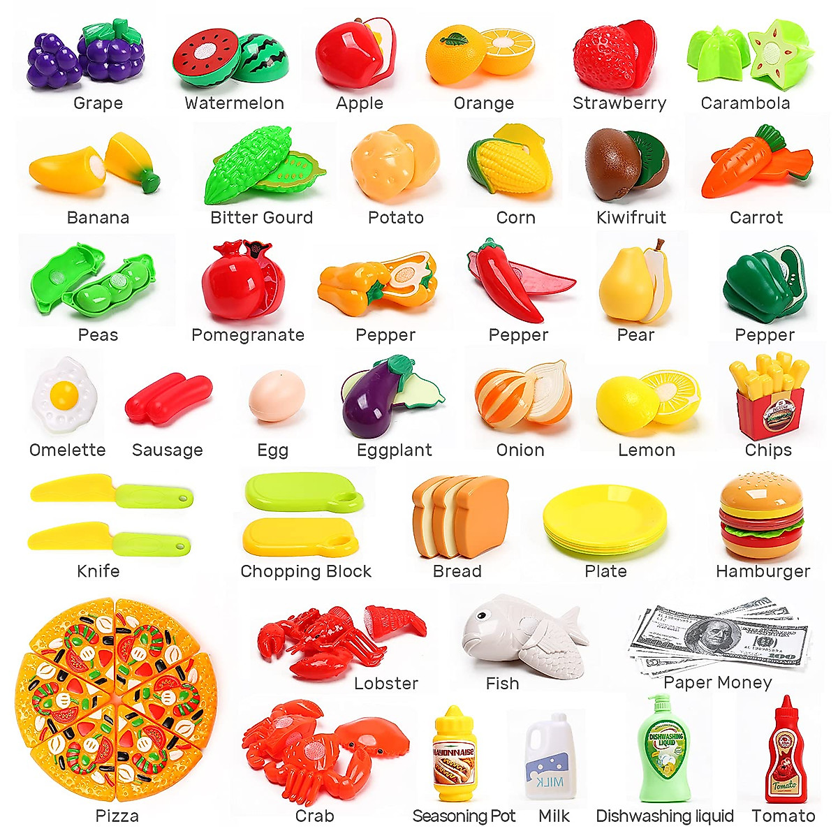 HOLYFUN 100 PCS Cutting Play Food Toy for Kids Kitchen, Pretend Fruit & Vegetables Accessories with Shopping Basket, Plastic Mini Dishes, Play Money, Perfect Educational Toy for Toddlers Boys & Girls