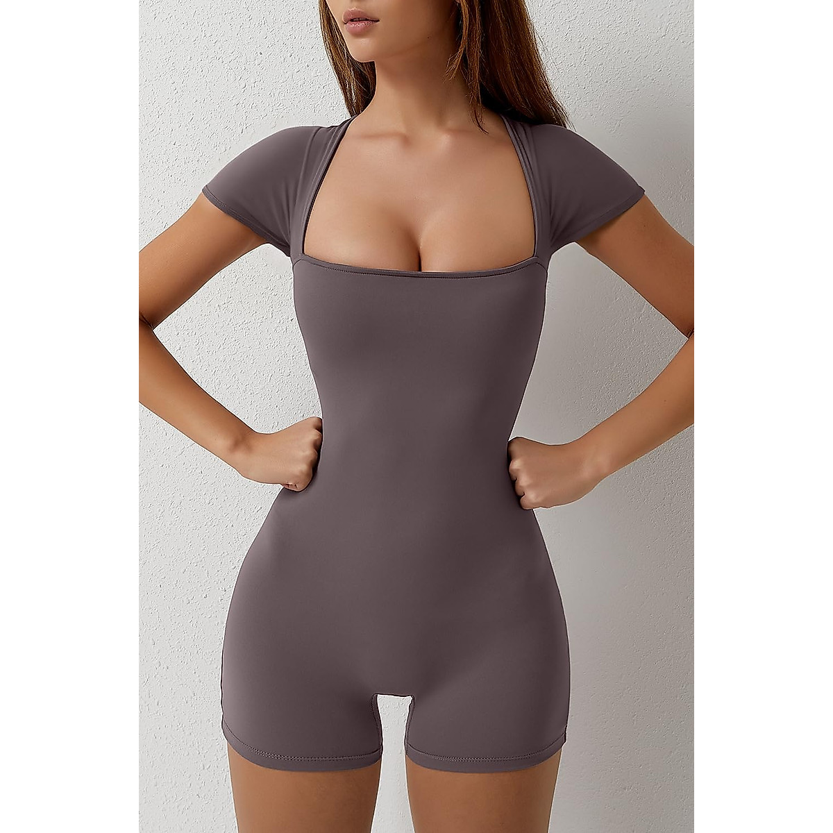 QINSEN Women's Rompers Sexy One Piece Short Sleeve Tummy Control Unitard Jumpsuits Dark Grey L