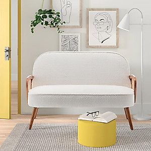 Aklaus 45" W Small Loveseat with Natural Rattan Arms,Upholstered Modern Mini Sofa Couch Love Seat Settee Bench with Back for Living Room Bedroom Office Small Space Entryway Teddy White