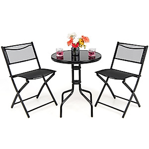 Tangkula 3 Pieces Folding Patio Bistro Set, Outdoor Folding Chairs & Table Set with Tempered Glass Tabletop, Round Table & Foldable Chairs, Outdoor Furniture Set for Garden, Poolside & Backyard