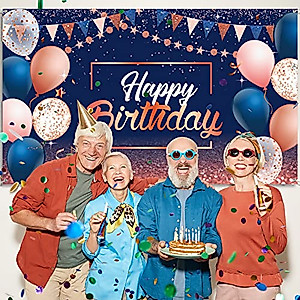 Happy Birthday Decorations Backdrop, Glitter Birthday Backdrop Sign, Happy Birthday Banner, Birthday Party Supplies Photo Background for Children Men Women, 72.8 x 43.3 Inch (Rose Gold and Navy Blue)
