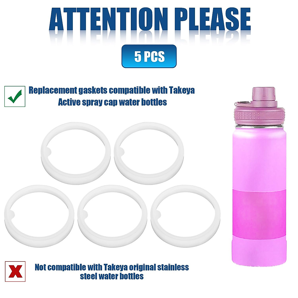 5pcs Replacement Gasket for Takeya Actives, Water Bottle Lid Gaskets Compatible Replacement Ring 18oz 22oz 24oz 32oz 40oz Water Bottle Washer with Spout Cap Rubber Seals(Not for Takeya Original)