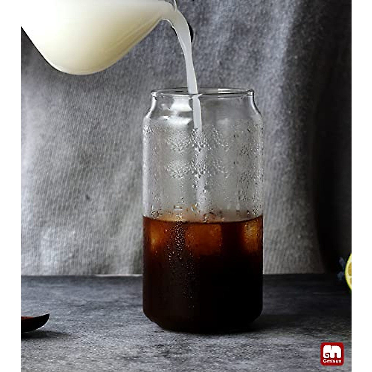 GMISUN Glass Cups with Lids and Straws, 16oz Iced Coffee Cup, Beer Can Glass with Lids and Straw, Drinking Glasses with Bamboo Lids Coffee Bar Accessories for Beer/Juice, Exclusive Transfer Labels