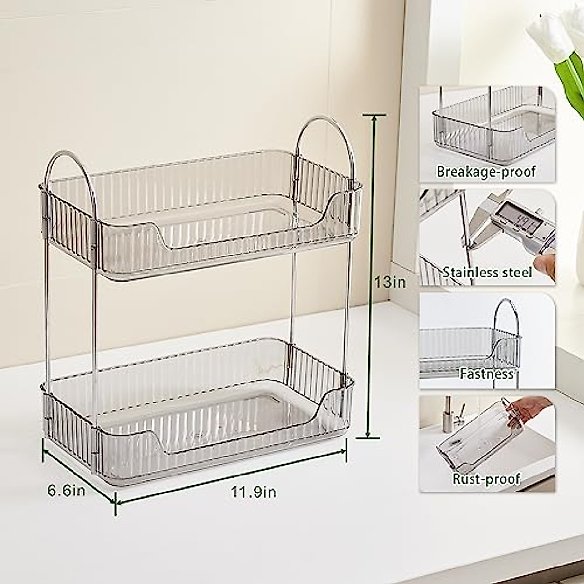 Bathroom Counter Organizer, 2 Tier Vanity Tray, Multi Purpose Bathroom Counter Shelf - Grey