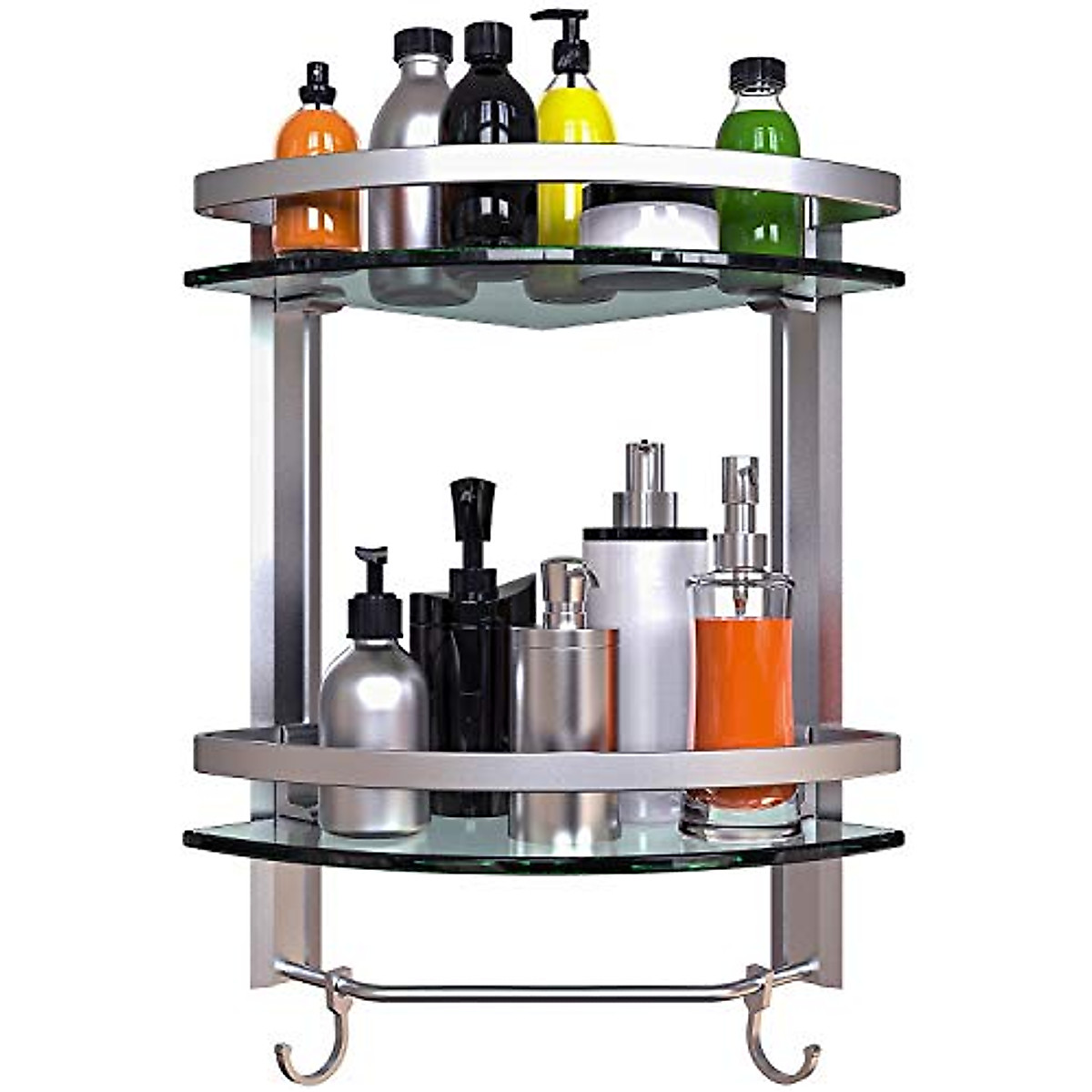 Vdomus 2 Tier Glass Corner Shelf, Bathroom Organizer Shower Caddy, Shower Shelve with Towel bar Wall Mounted, Glass Bathroom Shower Shelf Brushed Silver Finished