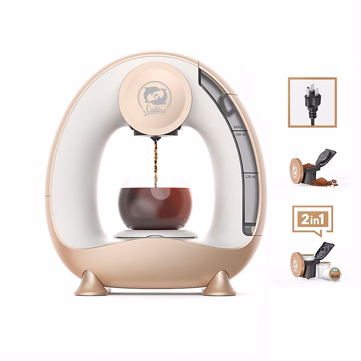 i Cafilas Quite Single Serve Coffee Maker, Stylish MINI Q 2 IN 1 Coffee Machines for Capsules & Ground Coffee, MA2205 (Champagne)