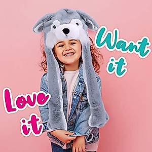 Hopearl Husky Hat with Ears Moving Jumping Pop Up Beating Hat Plush Holiday Cosplay Dress Up Funny Gift for Kids Girls, Gray, 22''