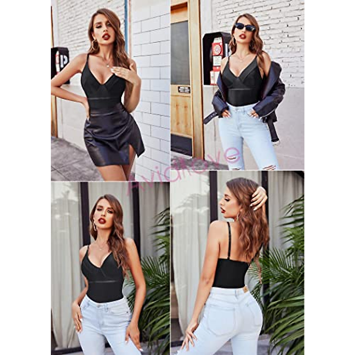 Avidlove Womens Sexy Lingerie Sleeveless Bodysuit V Neck Thong Bodysuits Leotard Tank Tops Black Small