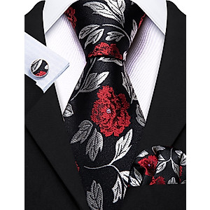 Barry.Wang Men's Classic Floral Necktie Set,Black Red,One Size