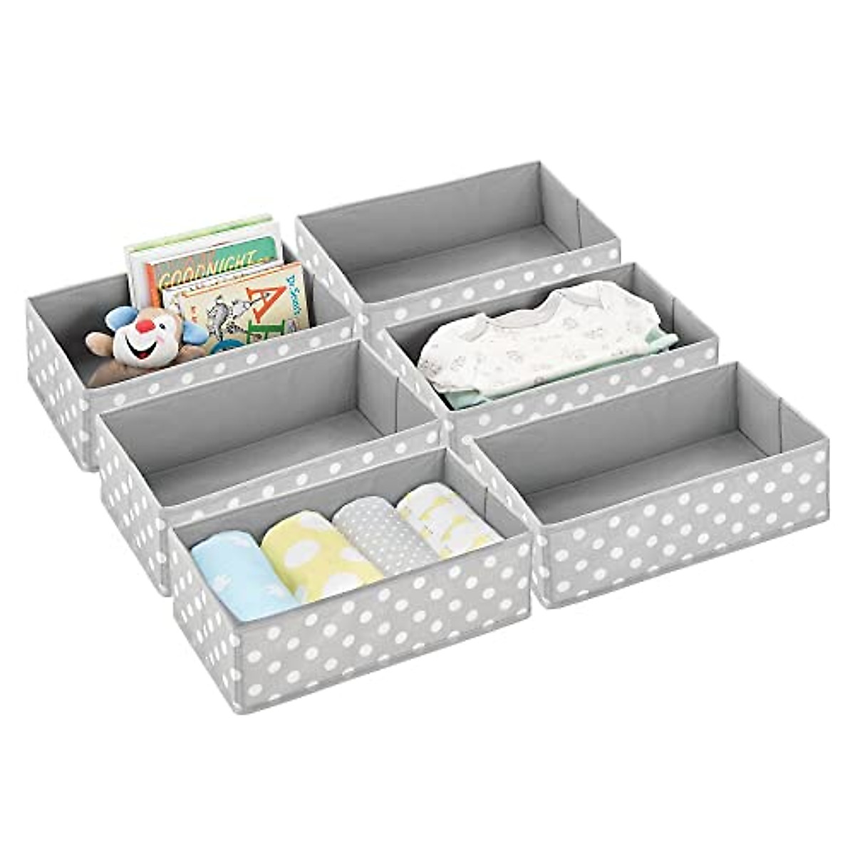 mDesign Fabric Drawer Organizer Bins, Kids/Baby Nursery Dresser, Closet, Shelf, Playroom Organization, Hold Clothes, Toys, Diapers, Bibs, Blankets, 6 Pack - Gray/White Polka Dot