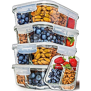 PrepNaturals glass food storage containers, meal prep container, bento box for lunch, dishwasher & microwave safe (multi-compartment)