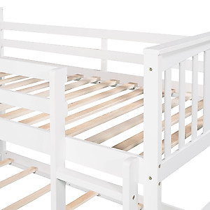 Montessori Floor Bunk Bed Twin Over Twin, Twin Bunk Bed with Slide and Ladder, Kids Bunk Beds with Guardrail Headboard and Footboard, Low Bunk Beds for Kids, Boys, Girls, Twin Bunk Bed White