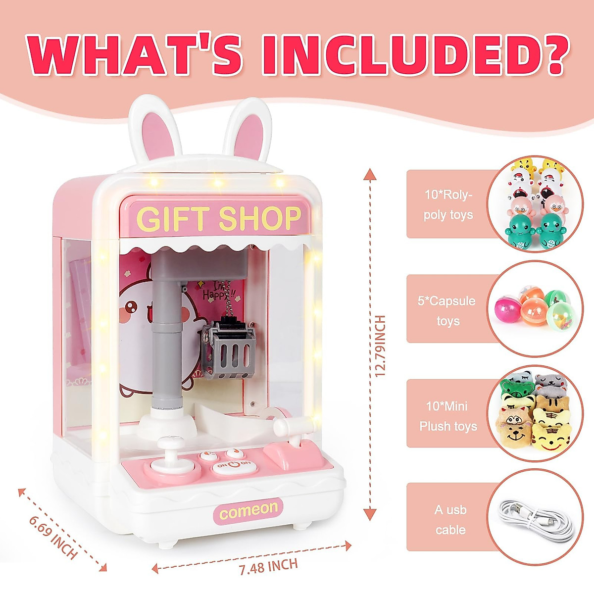 TOYMNI Mini Claw Machine, Claw Machine for Kids with Lights, Mini Vending Machine with Little Toys, Arcade Games Machines, Kids Claw Machine, Adjustable Sound and Music, Toys for Ages 8-13