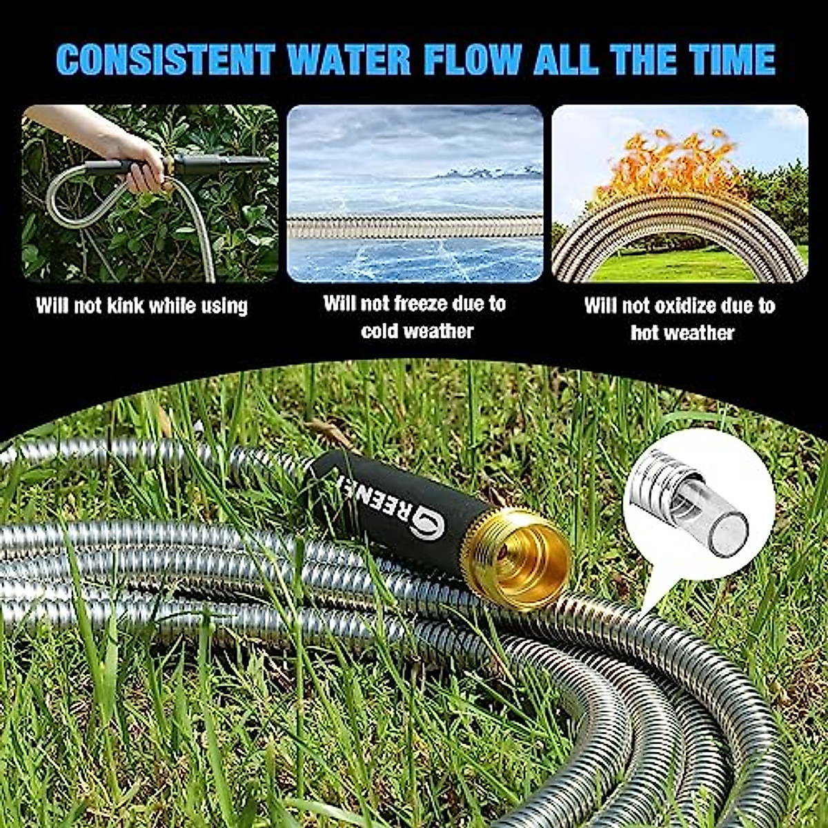 GREENER Stainless Steel Garden Hose 50ft-Heavy Duty Metal Water Hose Rust-proof Flexible Hose with 10 Functional Nozzle, Anti-puncture Kink-resistant Tangle Free Pet-proof Hose for Outdoor Yard Lawn