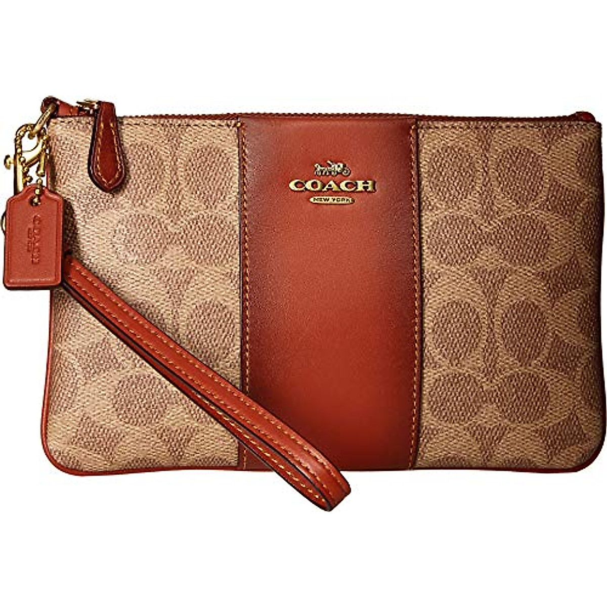 COACH Color Block Coated Canvas Signature Small Wristlet B4/Tan Rust One Size