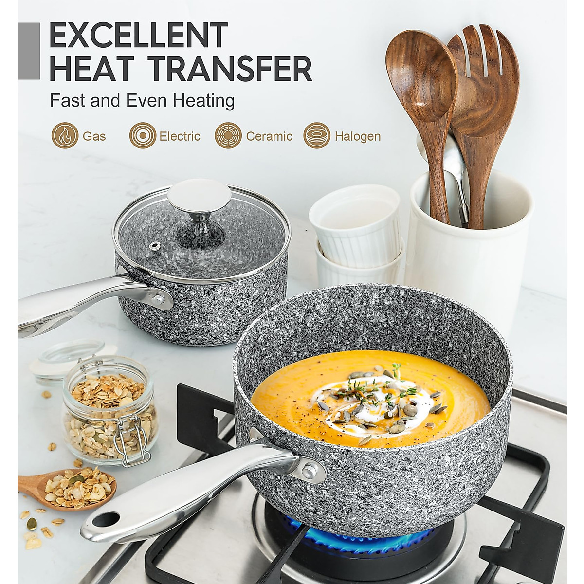 MICHELANGELO Saucepan with Lid 3 Quart, Ultra Nonstick Sauce Pan with Non toxic Stone-Derived Coating, Sauce Pot with Lid, Stone Saucepan with Lid, 3 Quart Sauce Pan
