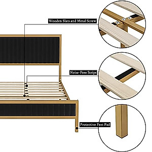 HIFIT King Size Bed Frame, King Bed Frame and Headboard, Heavy Duty Metal Foundation, Upholstered Bed Frame with Velvet Tufted Headboard, Wood Slats Support, No Box Spring Needed, Gold and Black