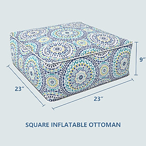 LVTXIII Indoor/Outdoor Inflatable Ottoman, 23 x 23 x 9 Inch Square Ottoman, All Weather Foot Rest Stool, Portable Footrest for Patio, Garden, Camping and Home - Delancey Lagoon