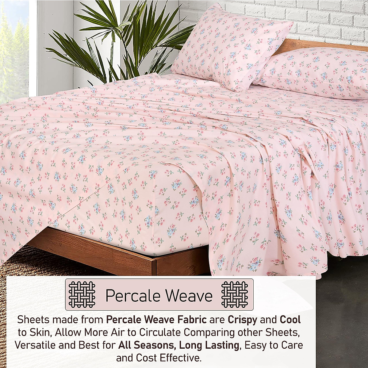 RUVANTI 100% Cotton Twin Sheets Set, 3 Pieces, Soft & Breathable Percale Weave Bedding, Deep Pocket 16", Hotel Standard, Crisp Cool Feel, Durable, Perfect Floral Bed Sheet, Spring On