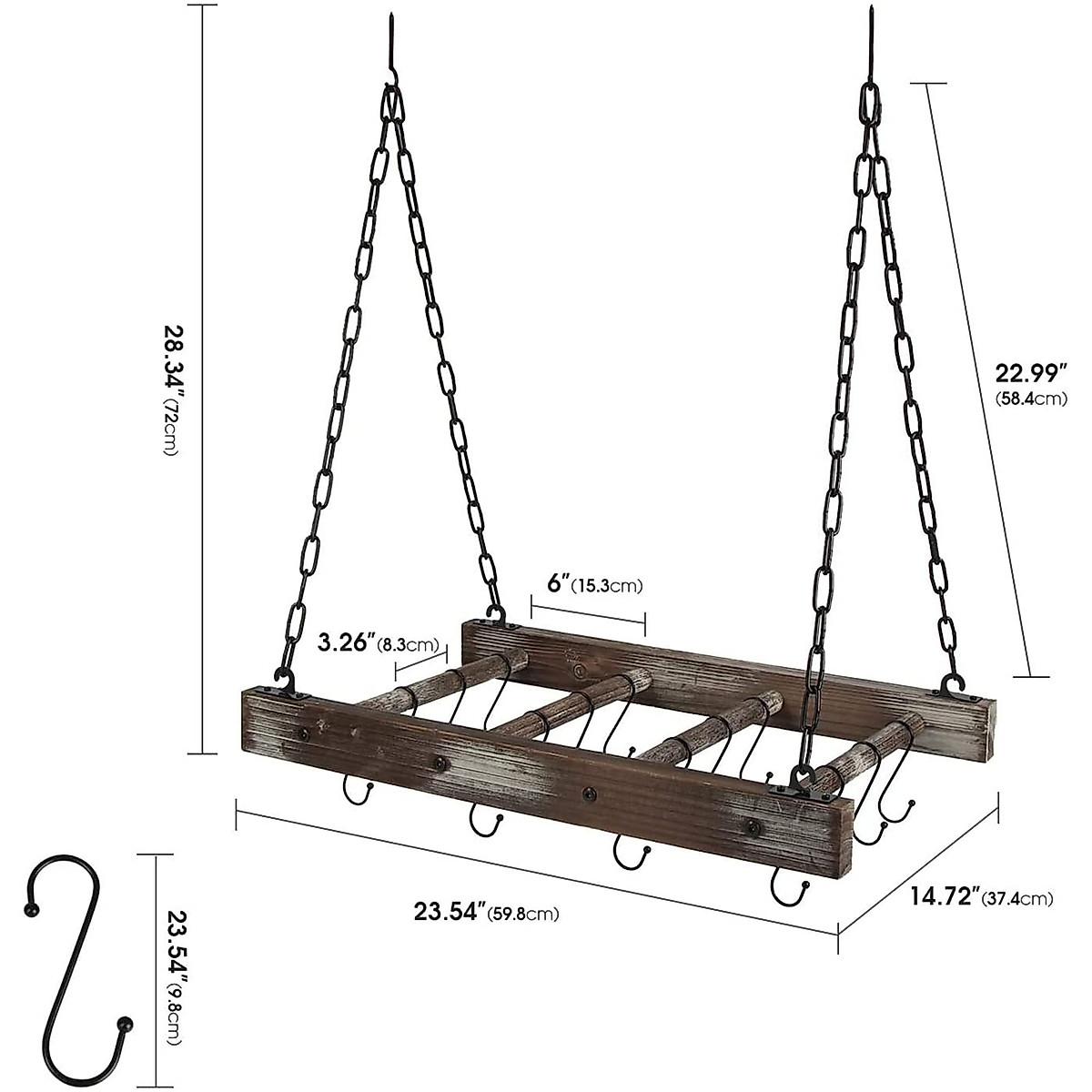 J JACKCUBE DESIGN Hanging Pot Rack Pan Ceiling Wall Mounted Hanger Multi- Purpose Rustic Wood and Metal Cookware Kitchen Storage Organizer With Utility 16 Hooks - MK603B