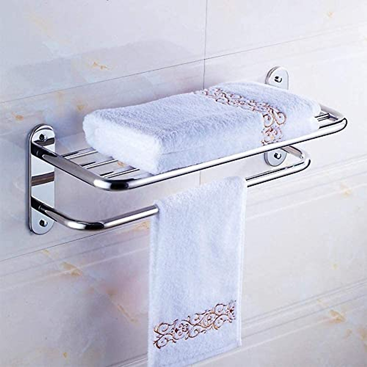 Towel Rack Bathroom Shelves, 2 Tier Punch Free Towel Shelf Wall Mounted Multifunction Towel Holder Stainless Steel Rack Towel Bars Towel Holder Bathroom Hardware/Silver