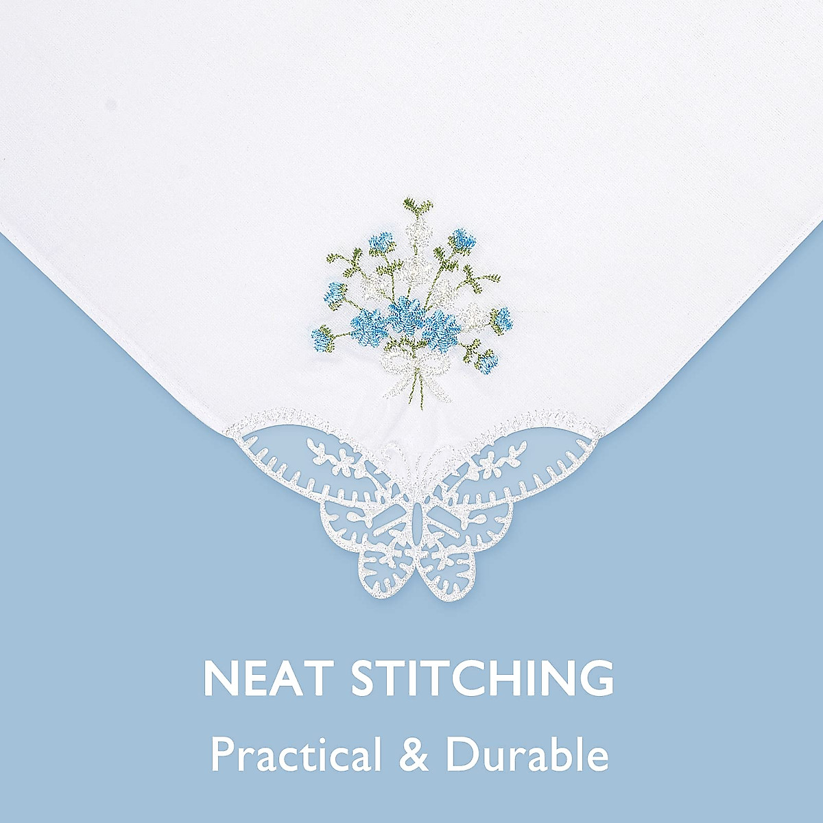 Selected Hanky Women's Cotton Handkerchiefs Flower Embroidered with Lace, Ladies Hankies 6 Pcs - Blue Floral