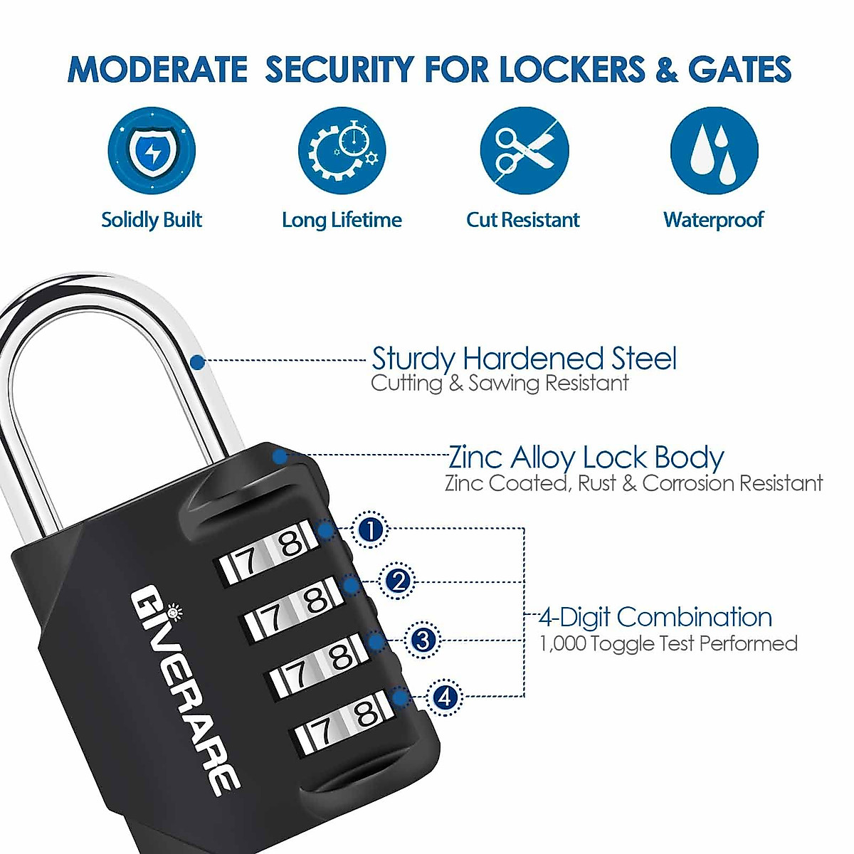 GIVERARE 2 Pack Combination Lock, 4-Digit Outdoor Waterproof Padlock, Keyless Resettable Zinc Alloy Locks for Gym, School, Employee Locker, Hasp, Fence, Storage, Chest, Gate, Cabinet, Toolbox