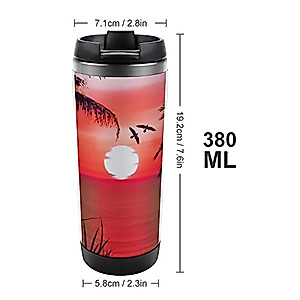 Oyihfvs Tropical Palm Tree Bird Sun Stainless Steel Water Bottle, Leak-Proof Hot Cold Insulated Travel Mug, Double Walled with Handle Thermo Cup Bottle 13 Oz