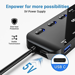 atolla 7-Port USB 3.0 Hub Splitter, USB Extender Ultra Slim Data USB Hub with Individual Power Switch and LEDs