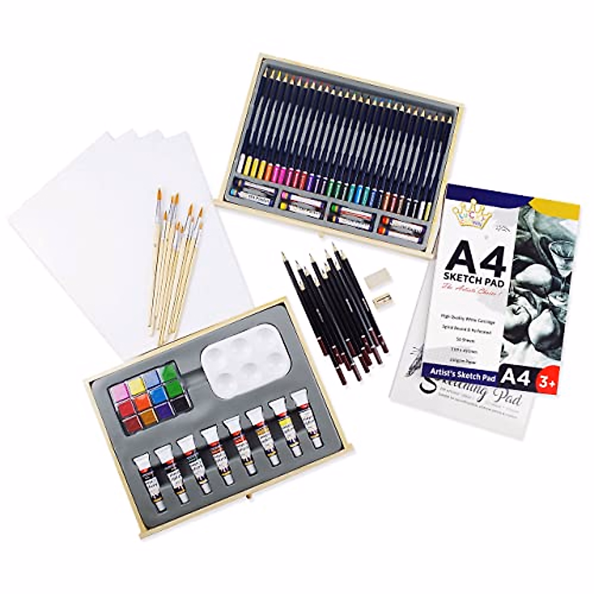 Deluxe Art Supplies, 88 Pieces Art Set in Portable Wooden Case, with 2 Drawing Books and 4 Canvas Panels, Professional Art Set for Painting & Drawing, Art Kit for Kids, Teens and Adults/Gift