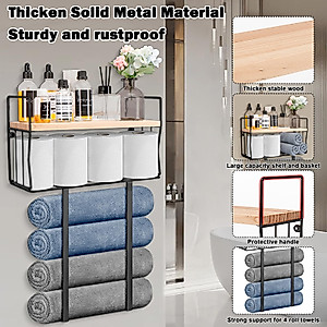 Livabber Towel Racks for Bathroom, Metal Towel Storage Holder for Roll Towels, Wall Mounted Towel Organizer with Storage Basket and Wooden Shelf for Small Bathroom (Black)