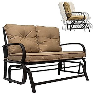X&T Outdoor Porch Glider, Patio Glider Chair with 3.5 Inch Thick Cushion, 2 Seats Glider Benches for Outside, Garden Steel Frame Swing Rocker Seating, Khaki, (1)