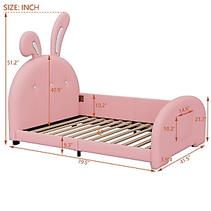 Cute Twin Size Upholstered Princess Bed,Platform Bed with Rabbit-Shape Headboard and Footboard,for Kids Toddlers Boys Girls Bedroom Use (Pink@Rabbit, Twin)