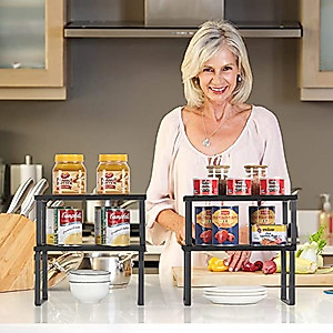 CADUKE Set of 4 Kitchen Counter Shelves Stackable Shelf Organizer Wood Countertop Shelf Expandable Cabinet Shelf Organizers Countertop Storage Rack for Pantry, Industrial Black