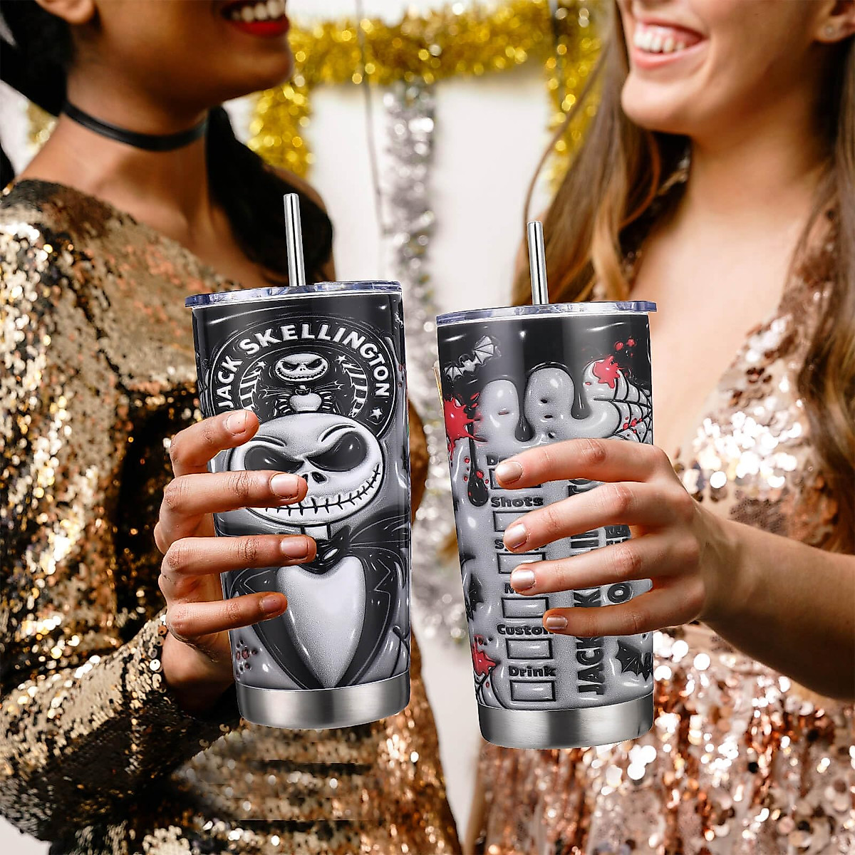 LAZYKITTY 3D Inflated Jack Skellington Nightmare Before Christmas Tumbler Cup with Straws and Lid, Nightmare Before Christmas Gift for Men Women, Stainless Steel Vacuum Insulated, Epoxy Coated, 20 Oz