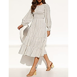 ZESICA Women's Casual Plaid Crew Neck Long Puff Sleeve Elastic Waist Smocked Flowy Tiered Midi Dress,Beige,Medium