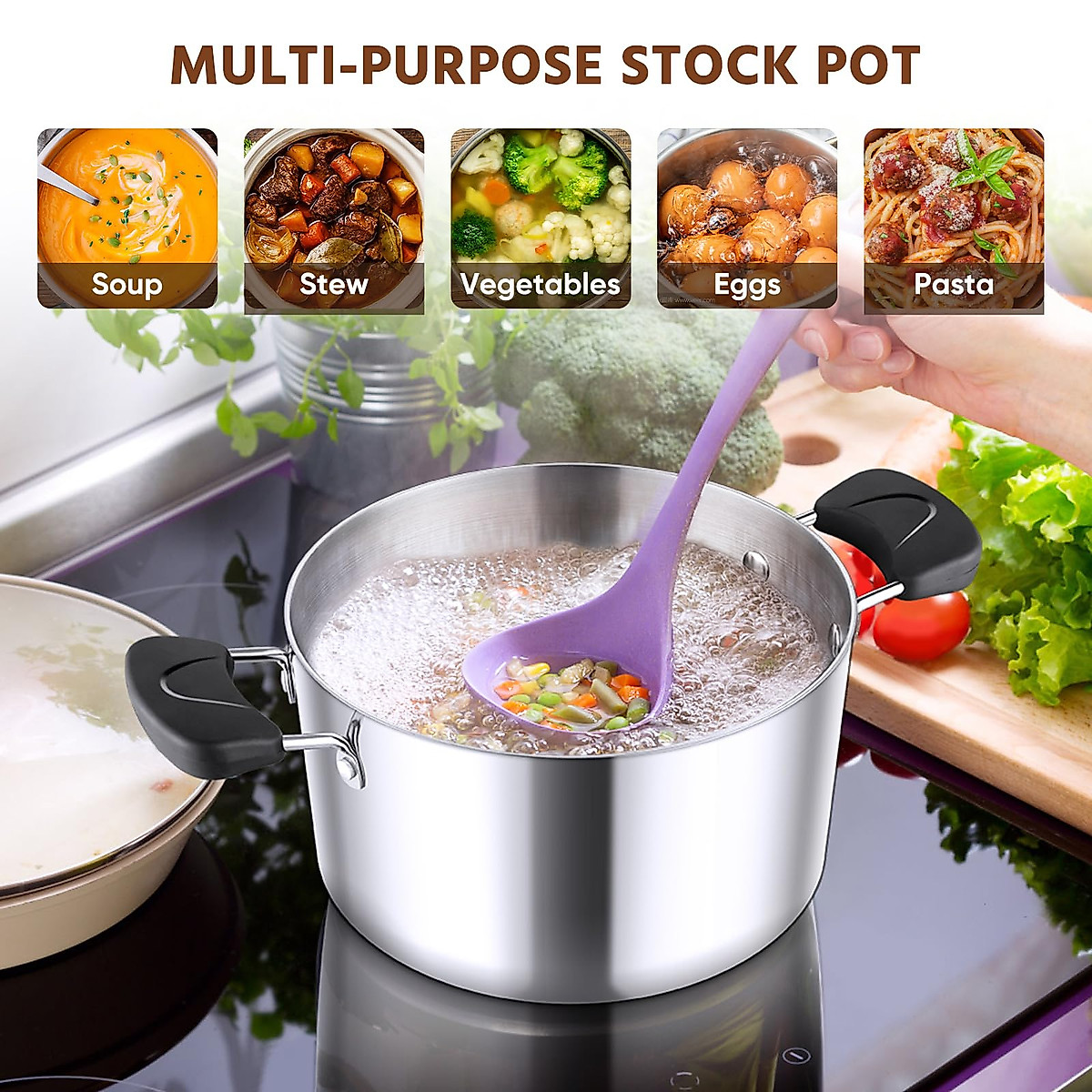 E-far 5-Qt Stockpot, 3-Ply Stainless Steel Stock Pot with Glass Lid & Stay-Cool Handles for Cooking Simmering Soup Stew, Heavy Duty Cookware Works w/Induction, Non-toxic & Dishwasher Safe