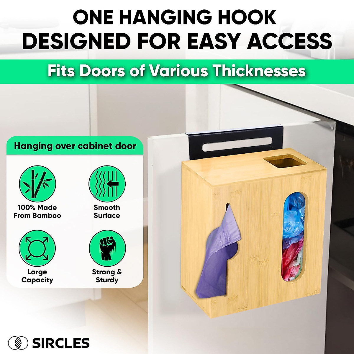 SIRCLES Trash Bag Dispenser Roll Holder - Grocery & Trash Bag Holder & Dispenser Organizer - Garbage Bag Holder with Bracket - Stylish Design - Includes Dispenser, Screws, Anchors & Mini Screwdriver