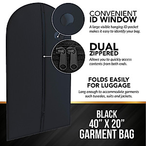 Your Bags Black Garment Bag as Dress Cover or Suit Bag for Travel - 40" x 24" Garment Bags for Travel - Garment Bags for Hanging Clothes and Closet Storage - Dress Travel Garment Bag for Men & Women
