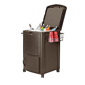 Suncast Resin 77 Quart Wicker-Look Outdoor Patio Cooler with Wheels, Java
