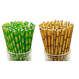 YEHAM 100 Pc 2 Colors Biodegradable Bamboo Print Paper Drinking Straws for Juices Shakes Birthday Wedding Party Supplies