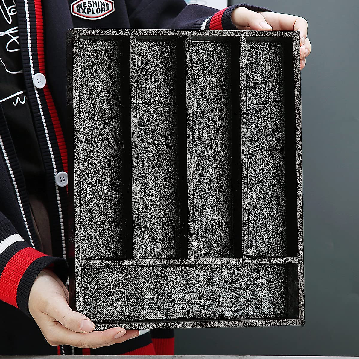 Kyraton Black Leather Wood Kitchen Flatware Drawer Organizers, Silverware Drawer Organiser and Cutlery Tray, Utensil Tray Drawer Organizer, Cutlery Flatware Organizer With Drawers