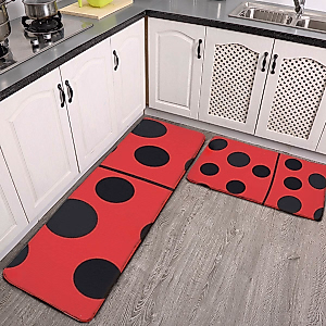 2 Pcs Kitchen Rug Set, Lady Bug Red and Black Non-Slip Kitchen Mats and Rugs Soft Flannel Non-Slip Area Runner Rugs Washable Durable Doormat Carpet