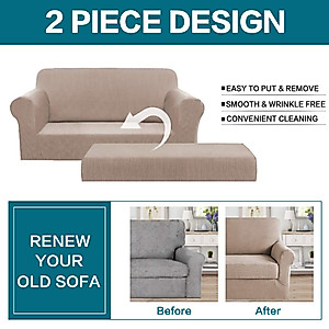 Turquoize Stretch Sofa Slipcover 2 Pieces Sofa Cover Couch Cover for 2 Cushion Couch Washable Furniture Protector Covers with Elastic Bottom Feature Thick Jacquard Fabric (Loveseat, Sand)