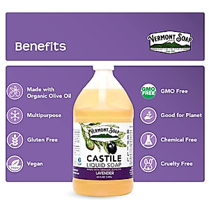 Vermont Castile Soap Lavender, Gentle Liquid Soap for Sensitive Skin & Natural Body Wash, Organic Hair Shampoo for Oily Hair, Aloe Castile Soap for Men & Women - 64 Oz