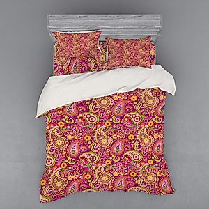 Ambesonne Paisley Bedding Set, Vivid Design with Flowers Dots Leaves and Ornamental Patterns Artwork Print, 4 Piece Duvet Cover Set with Shams and Fitted Sheet, Queen Size, Multicolor